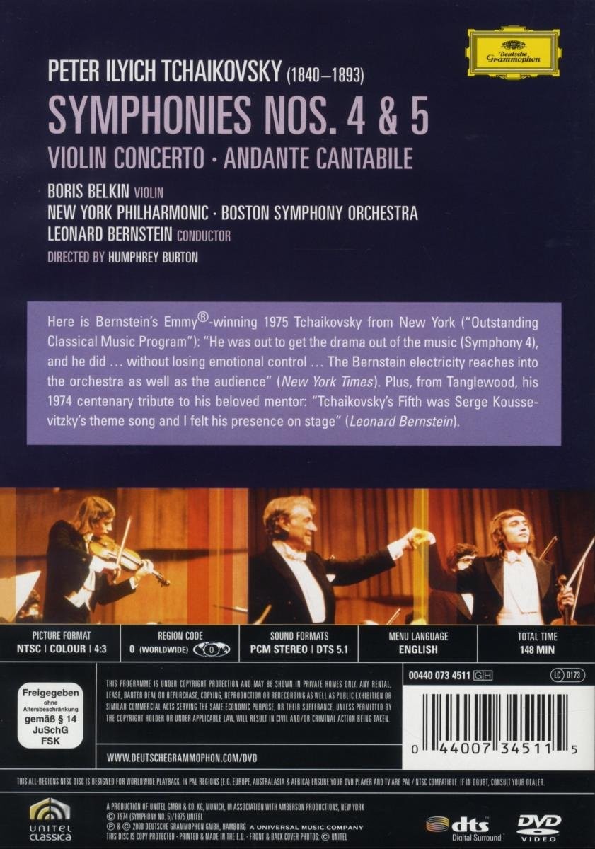 BERNSTEIN / TCHAIKOVSKY – SINPHONIES NOS 4 & 5 – VIOLIN CONCERTO ANDANTE CANTABILE – America Dvd