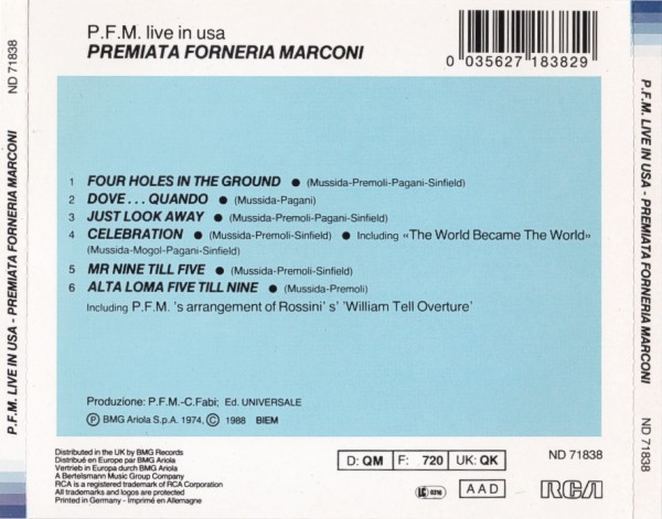 PREMIATA FORNERIA MARCONI – PFM LIVE IN USA – America Dvd