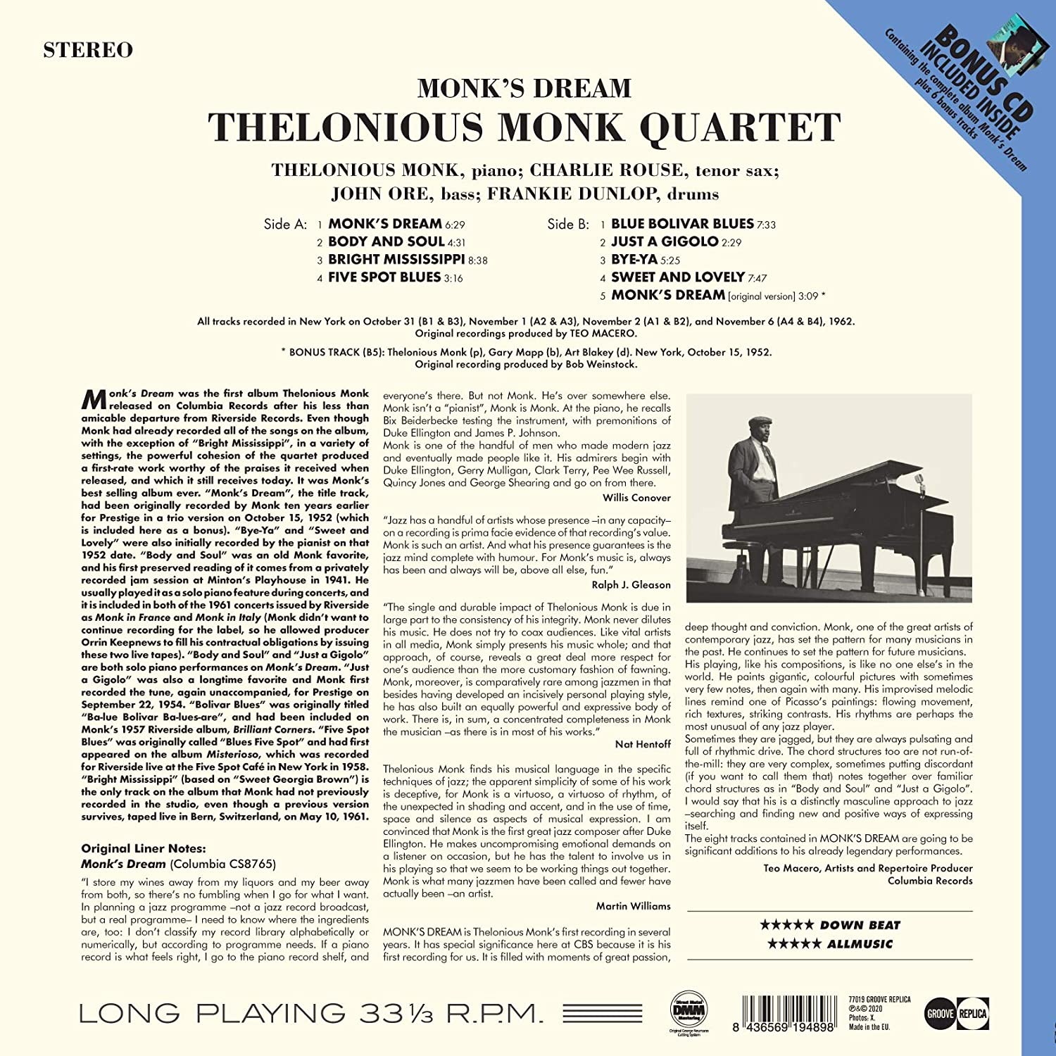 THE THELONIOUS MONK QUARTET – MONKS DREAM – America Dvd